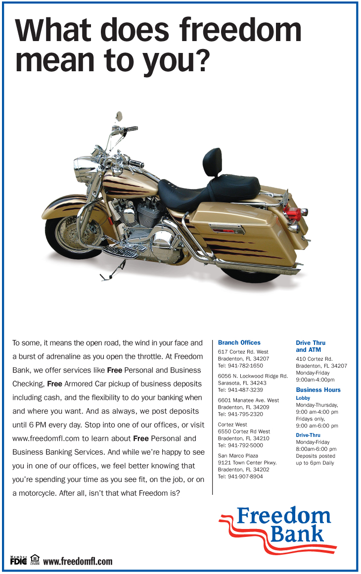 Michael Brown/Aquent Samples: Freedom Bank ad, "What does freedom mean ...