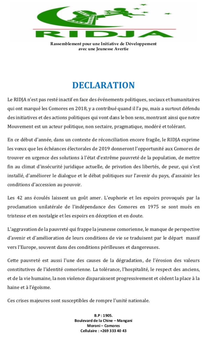 Officiel : Le Ridja quitte la Mouvance présidentielle | HabarizaComores ...