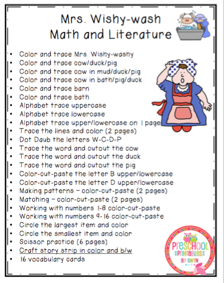 Mrs. Wishy-Washy Math and Literature ~ Preschool Printables