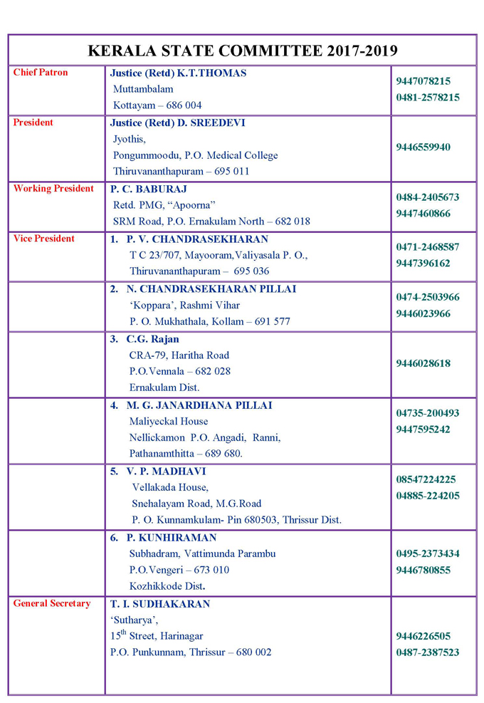 CENTRAL GOVERNMENT PENSIONERS' ASSOCIATION : KERALA: OFFICE BEARERS
