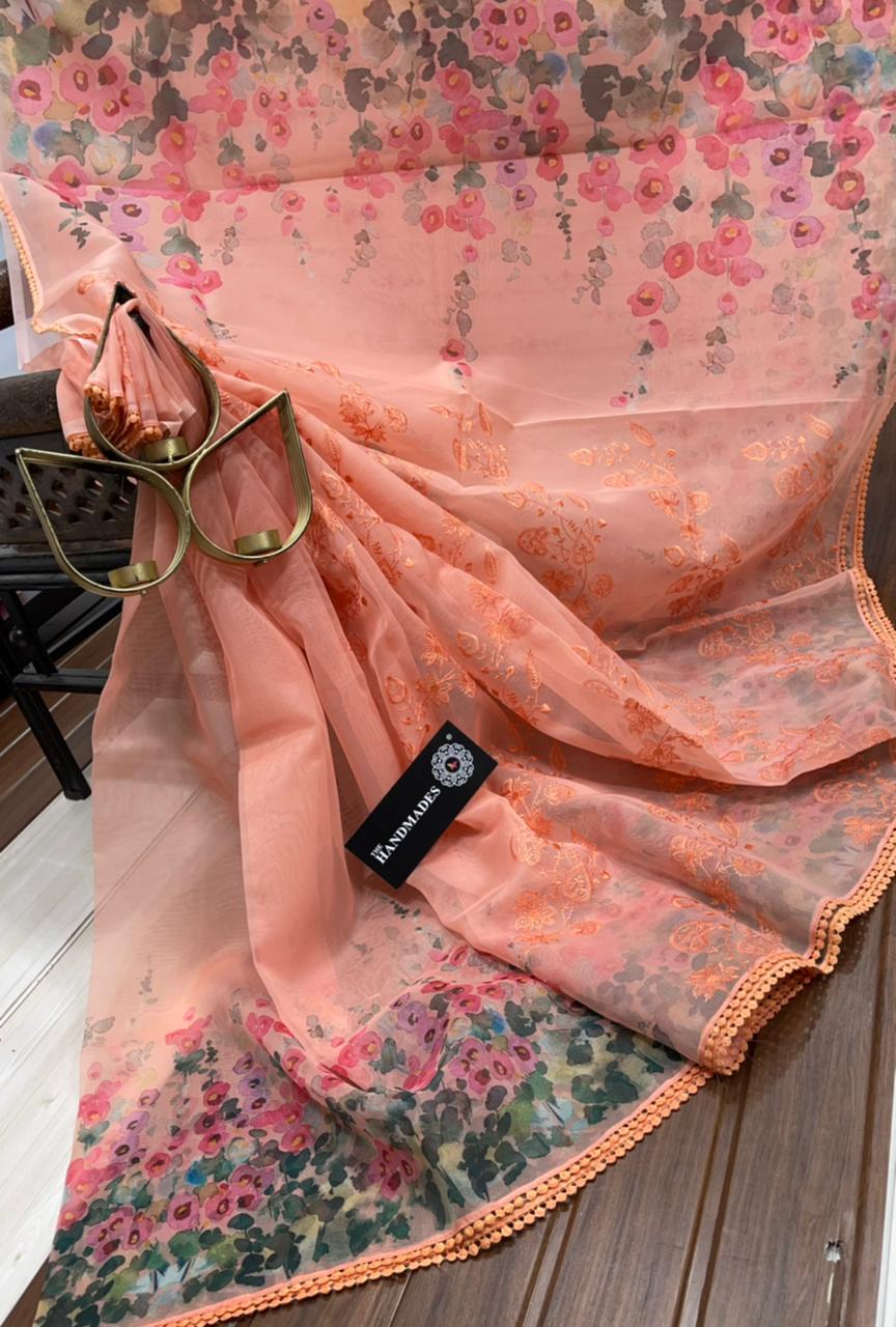 Organza chickenkari work sarees