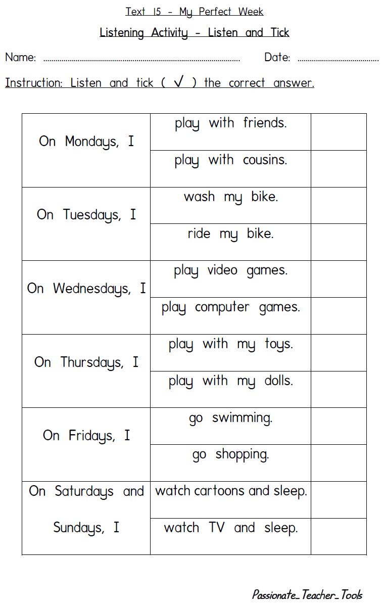 Passionate Teacher Tools: Text 15 - My Perfect Week (With Activities)