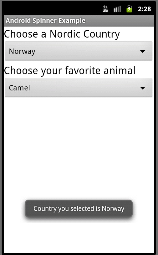 Programmers Sample Guide Android Spinner Example Using Arrayadapter And Xml Resource 7063