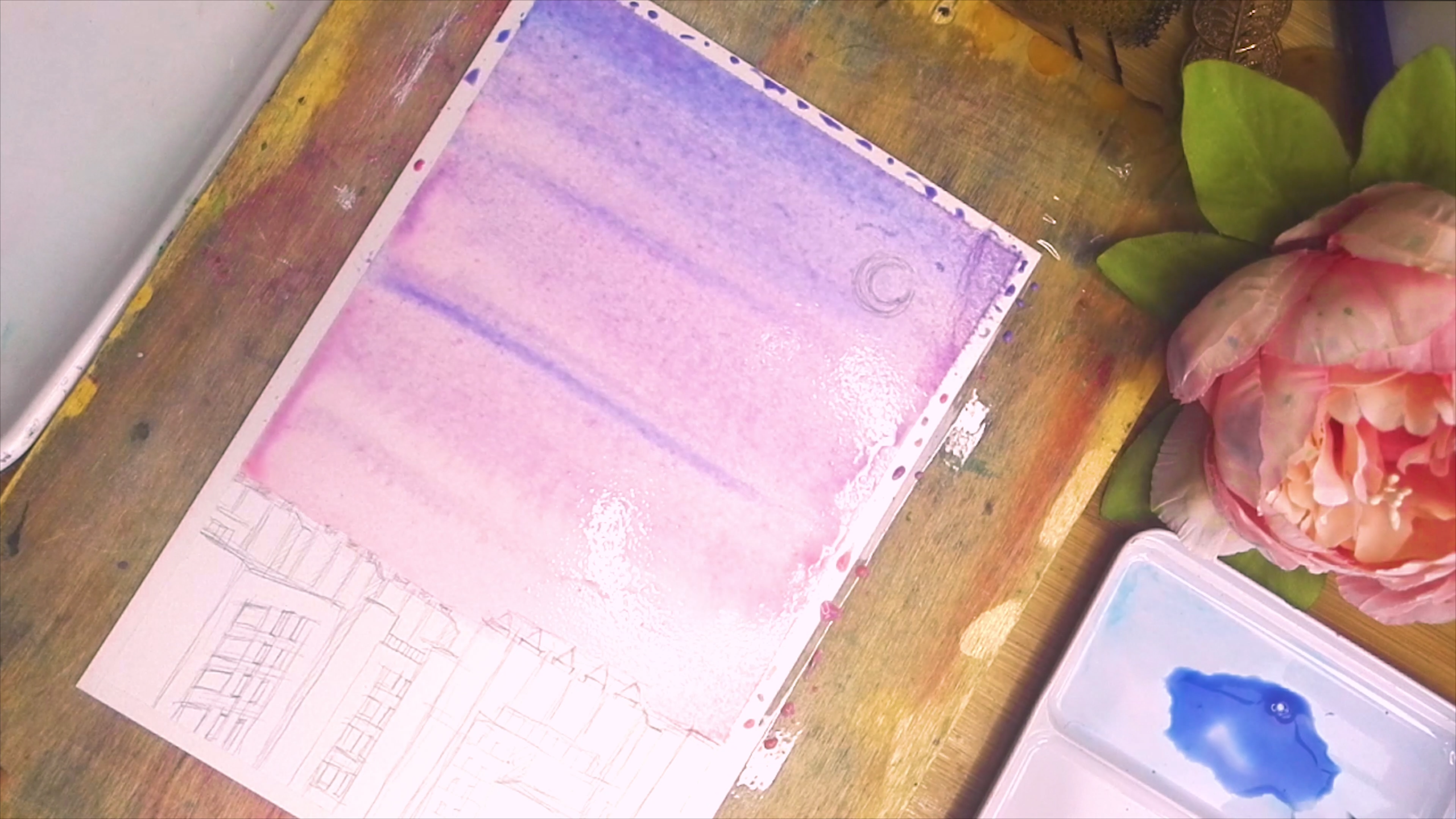 How to draw a pink style sunset with watercolor tutorial step by step ...