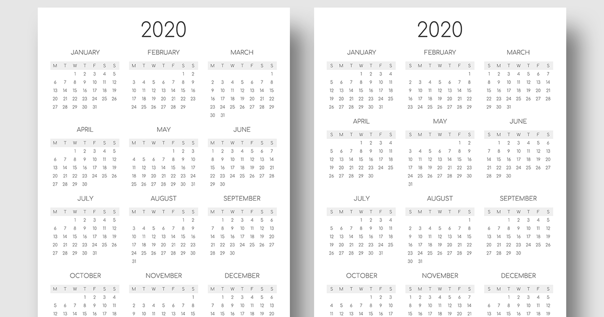 Printable 2020 Year At A Glance Calendar - Portrait Orientation