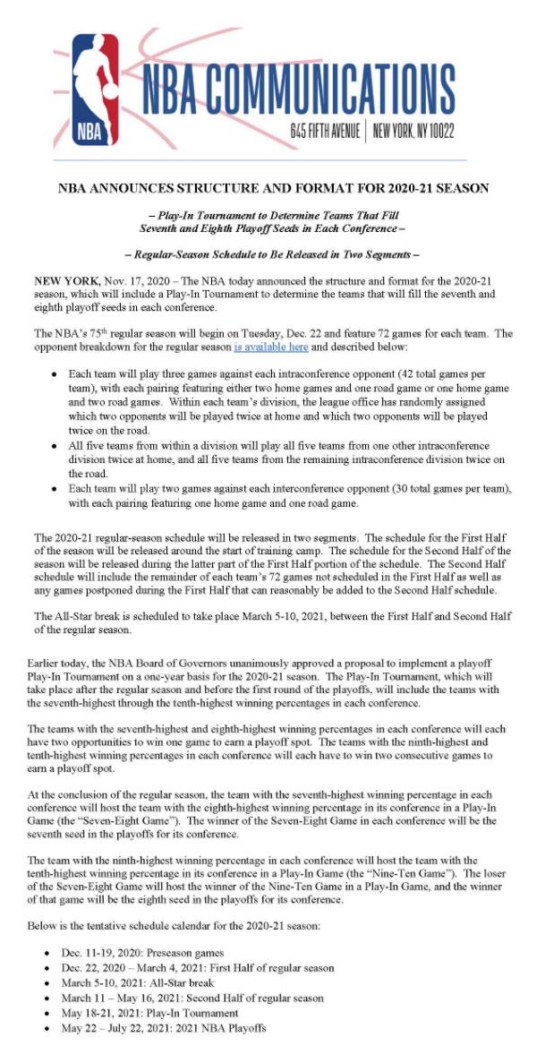 NBA announces structure and format for 2020-21 season
