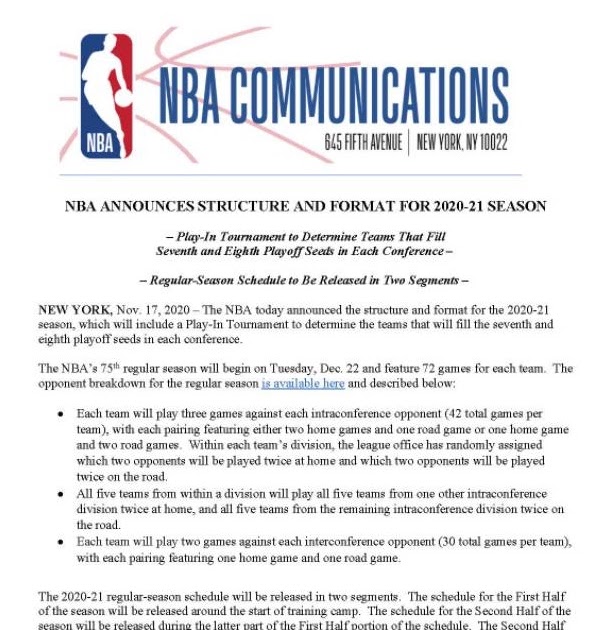 NBA announces structure and format for 2020-21 season