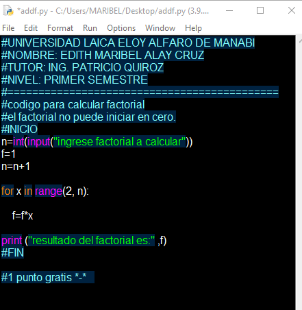 CÓDIGO PARA CALCULAR EL FACTORIAL