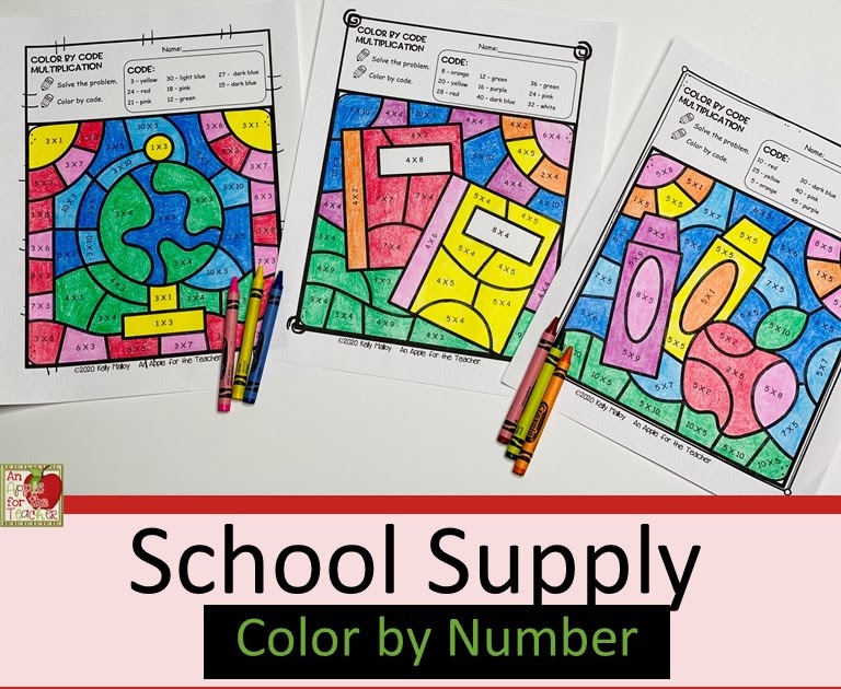 An Apple For The Teacher: School Supply Color By Number Worksheets