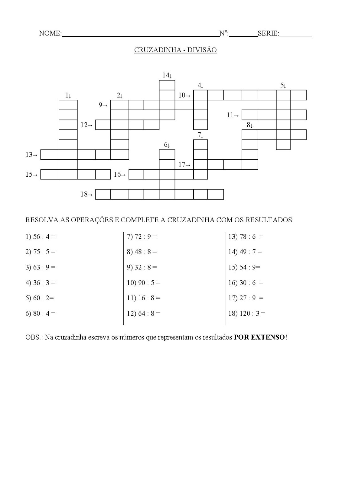 Professora Michelle: Cruzadinhas de matemática - Para imprimir- Tirado ...