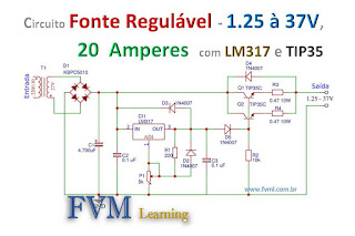 Fonte Regulável 1.2 à 37V Alta Corrente 20A com LM317 e TIP35C - FVML