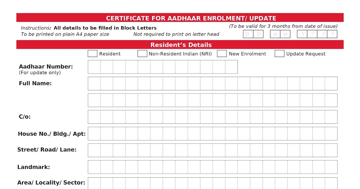 CERTIFICATE FOR AADHAAR ENROLMENT/ UPDATE