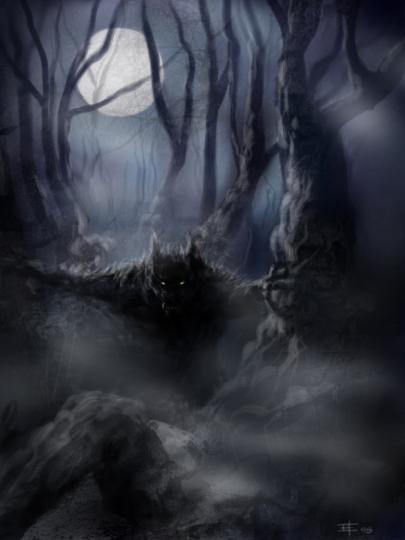 The wolf den: Werewolf - Hunting during the full moon in fog forest