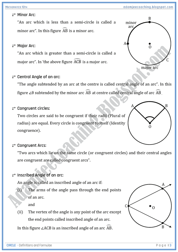 Adamjee Coaching: Circle - Definitions and Formulae - Mathematics 10th