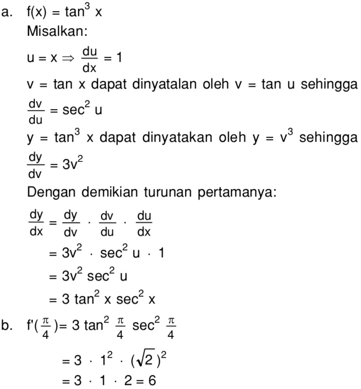 Diketahui fungsi f dinyatakan oleh f(x) = tan3 x. turunan pertama dari ...