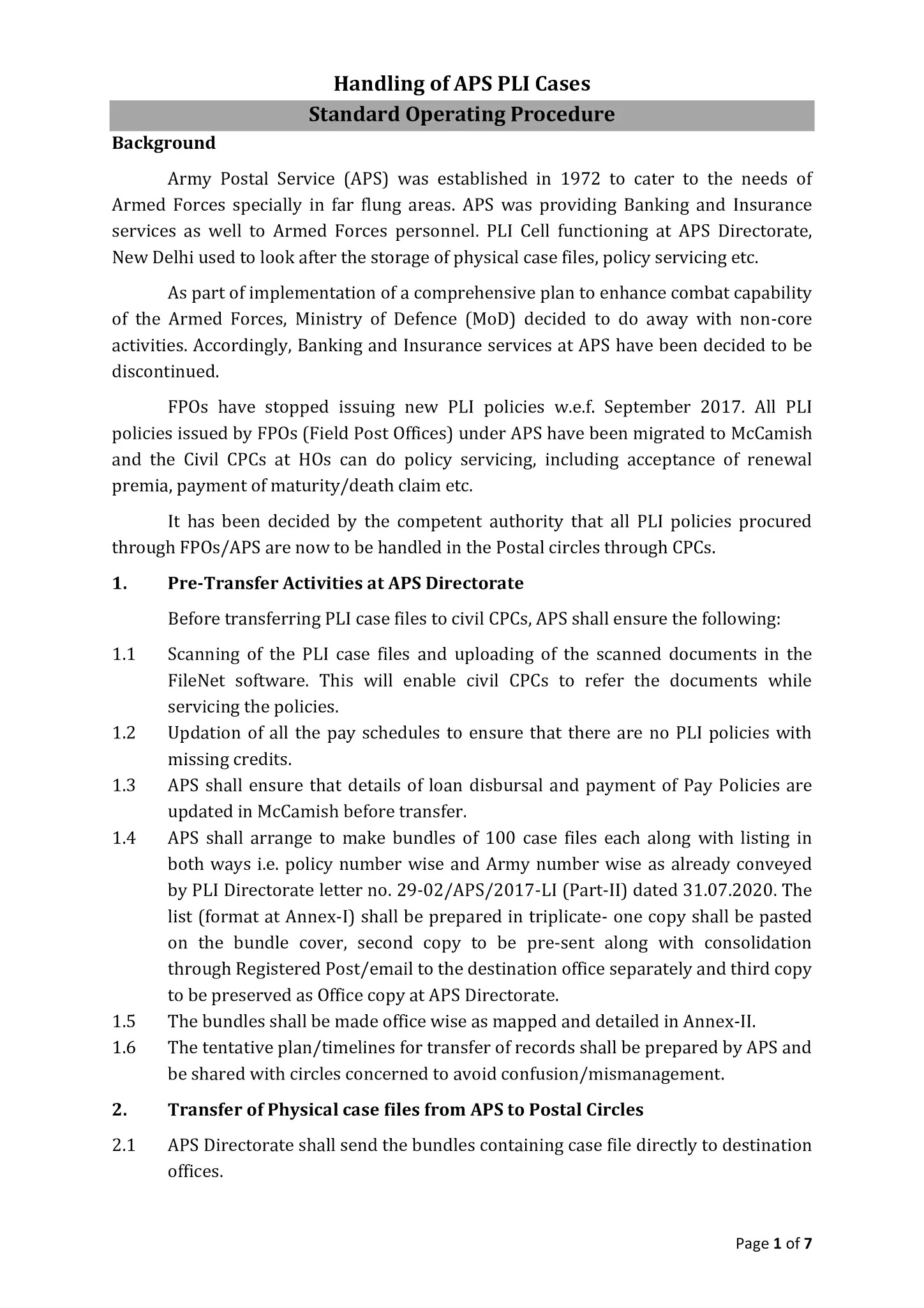 SOP (Standard Operating Procedure) for Handling APS (Army Postal ...