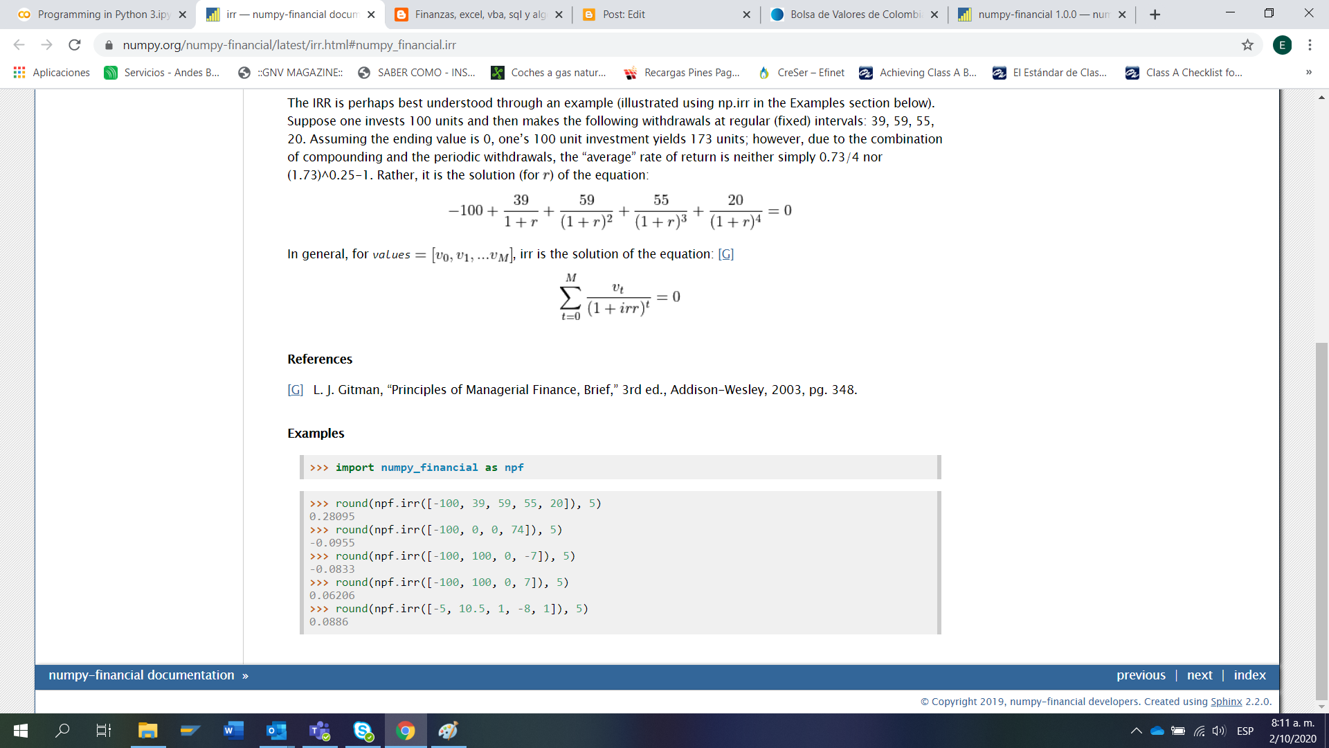 Finanzas Excel Vba Sql Y Algo Más Funciones Financieras En Python Calculando La Tir Irr