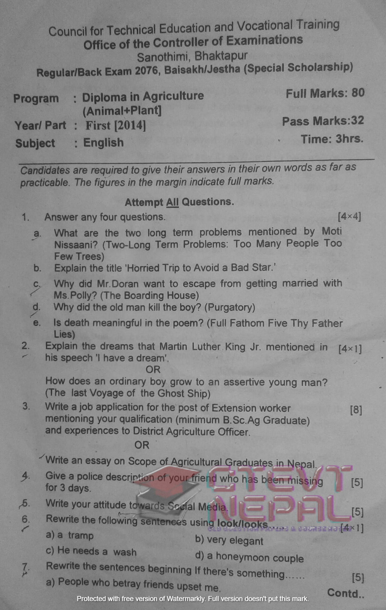AG English - 1st Year Question Papers CTEVT | Diploma in Agriculture ...