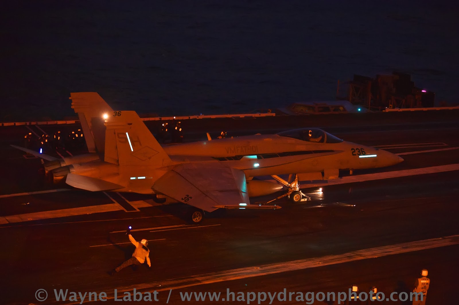 Night Flight Operations on an Aircraft Carrier