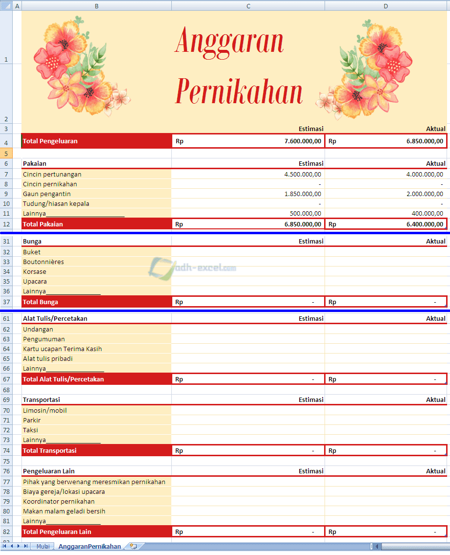 Membuat Perencanaan Anggaran Pernikahan Dengan Template Excel - ADH ...