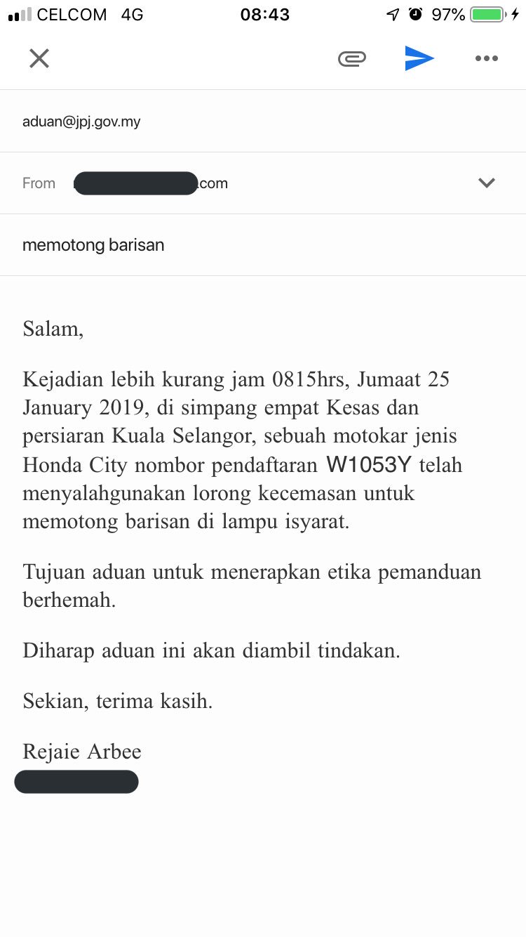 Nampak Kesalahan Trafik, Guna Emel Template Ini Untuk Buat Laporan