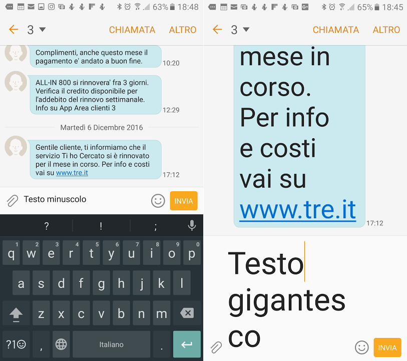 Testo gigantesco o minuscolo messaggi SMS Android Samsung Galaxy