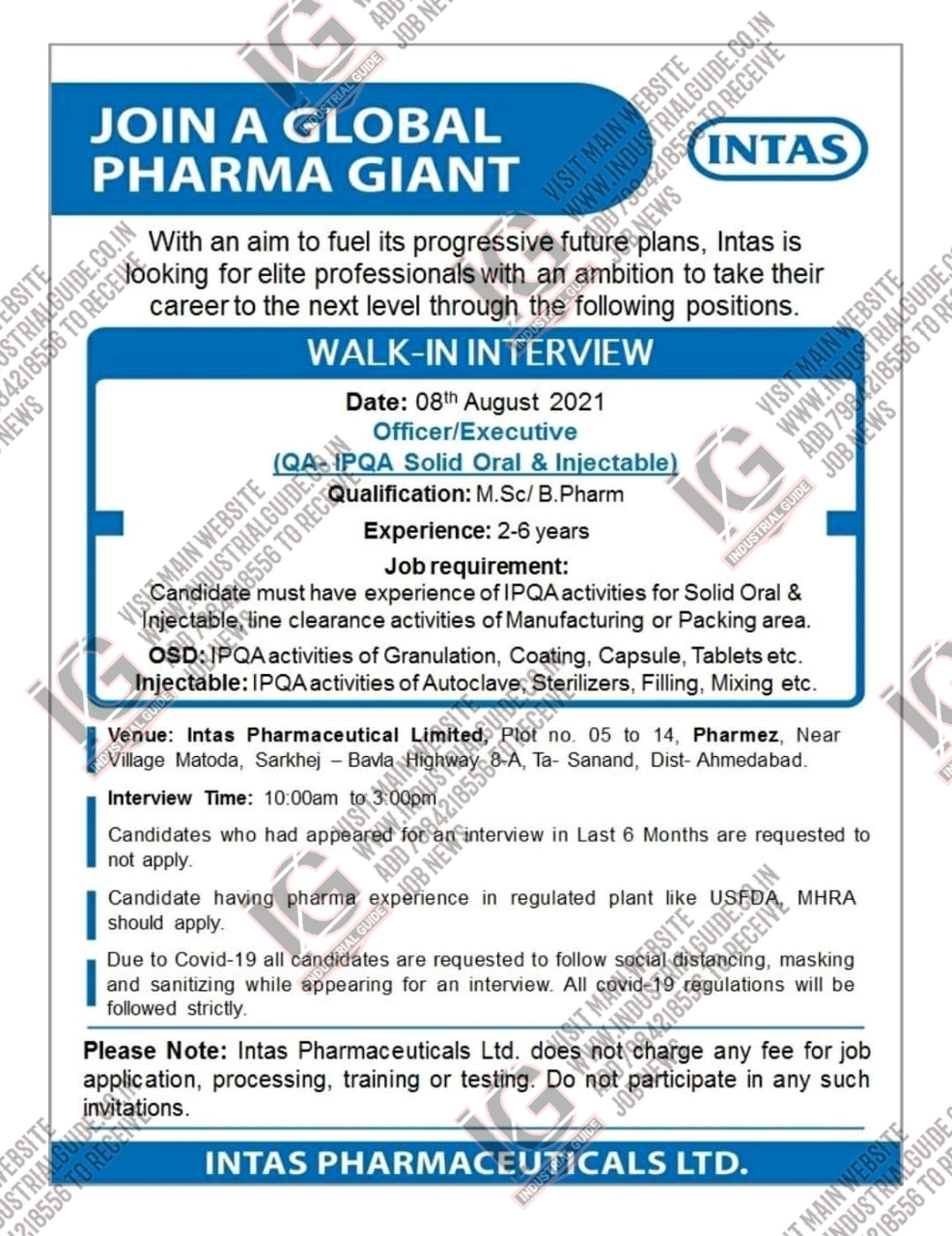 Intas Pharma Ahmedabad interview in 2021 August 08th for Quality ...