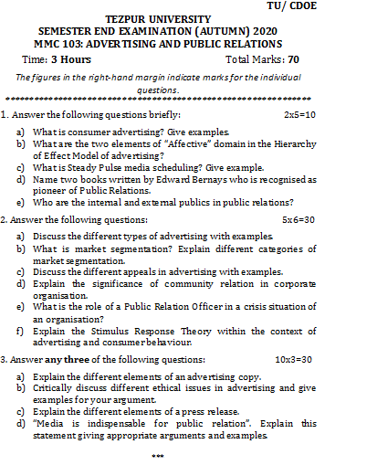TEZPUR UNIVERSITY (TU/CDOE) AUTUMN Semester End MMC 103: ADVERTISING ...