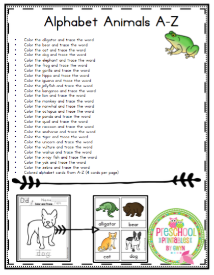 Alphabet Animals A-Z "No Prep" plus Cards ~ Preschool Printables