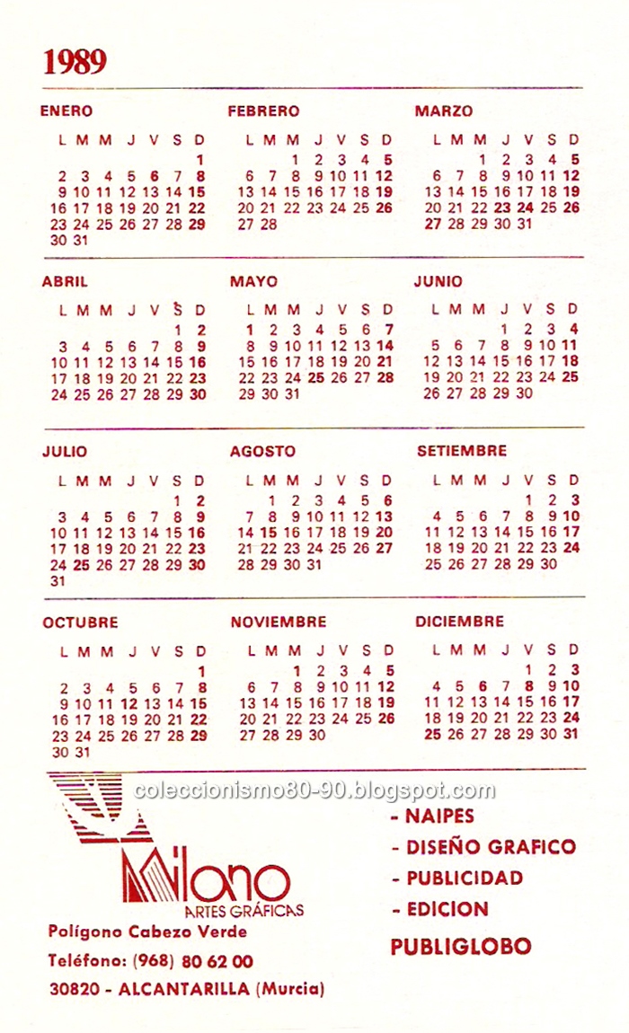 Coleccionismo 80-90: NAIPES MILANO: CALENDARIO DE BOLSILLO DE 1989