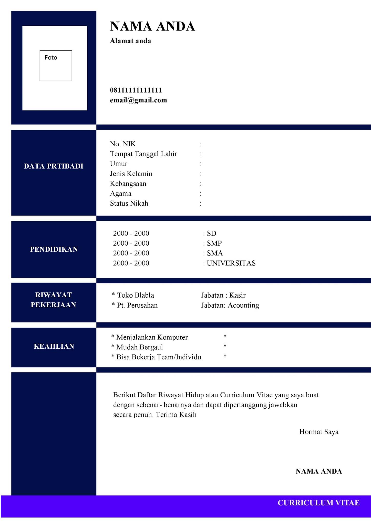 Contoh Curriculum Vitae yang baik