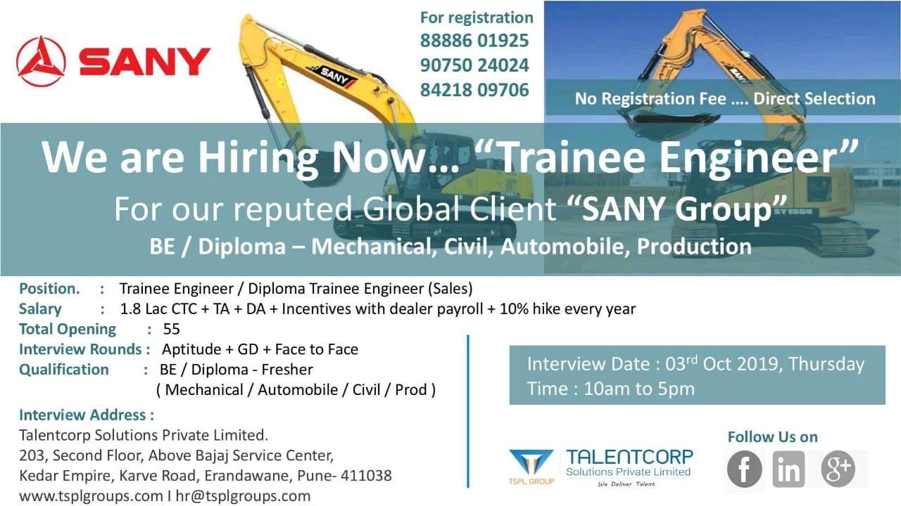 SANY - Hiring Sales Trainee Engineer / Diploma Trainee Engineer ( BE ...
