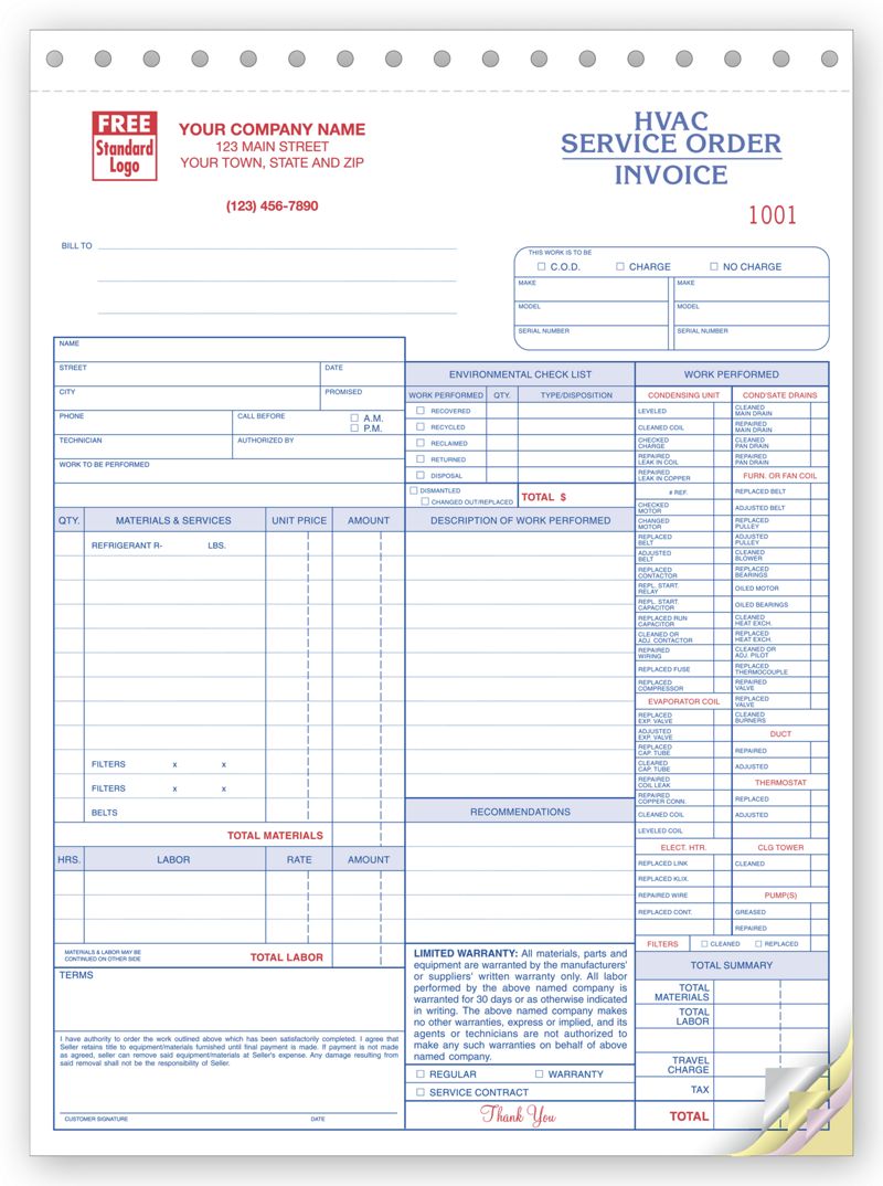 Hvac Service Order Forms - Invoice Template