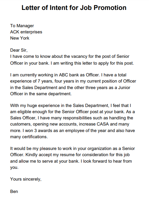 Letter Of Intent For Promotion Template ~ Resume Letter