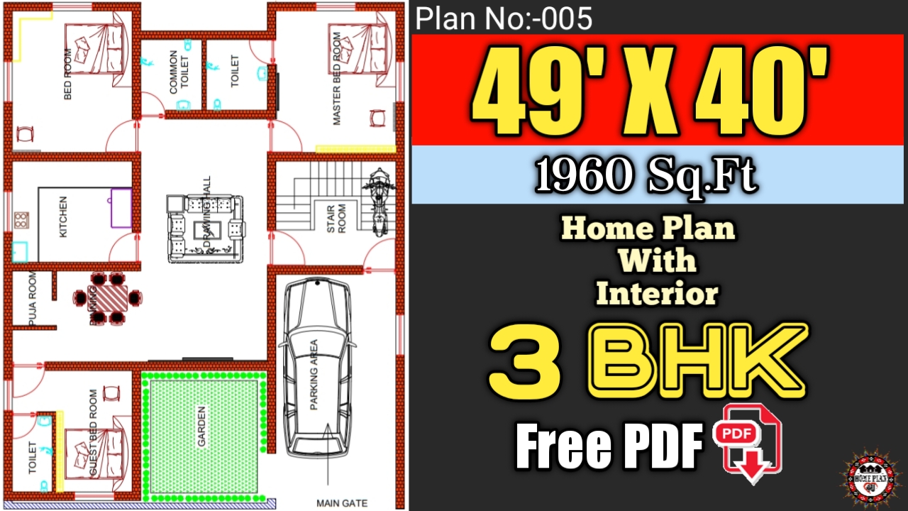 49' x 40' | 1960 square feet | 3Bhk House | Plan No. 005