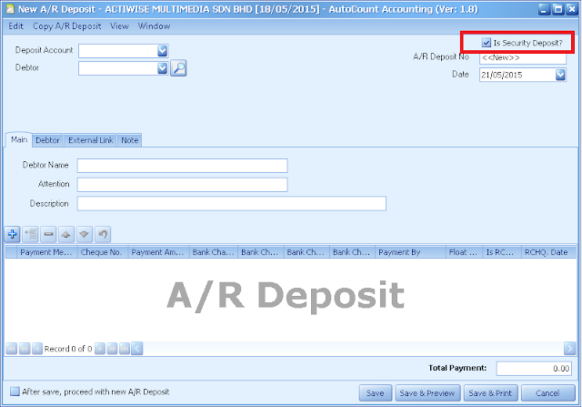 AutoCount With Me: Security Deposit in A/R Deposit
