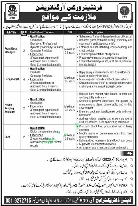 Pakistan Army FWO Jobs 2020, Frontier Works Organization