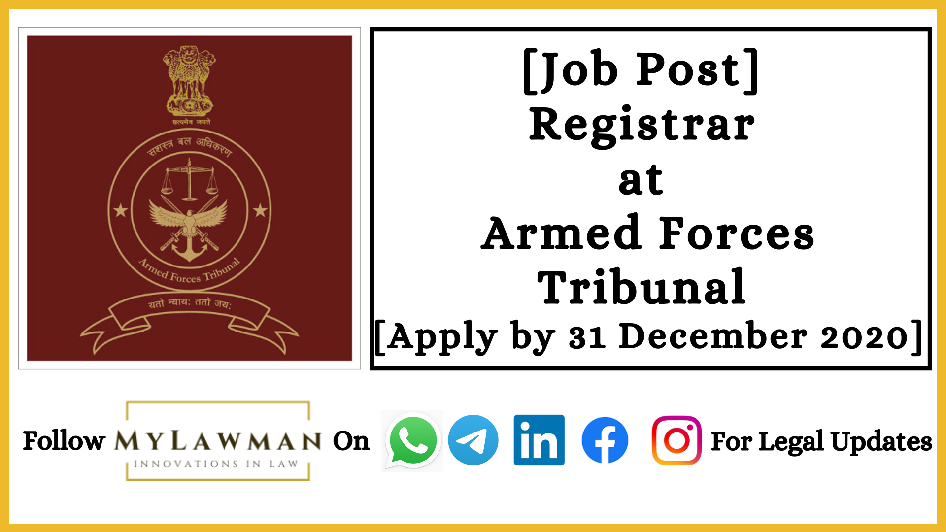 [Job Post] Registrar at Armed Forces Tribunal [Apply by 31 December 2020]