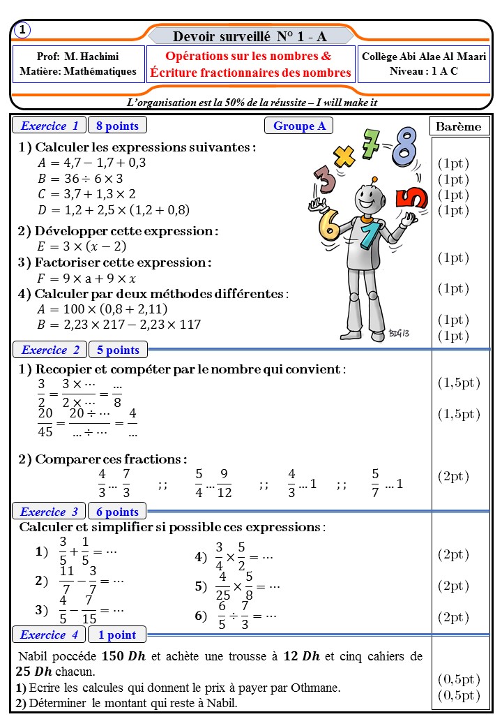 Première Année Collège 1AC: Mathématiques - Partie de contrôles