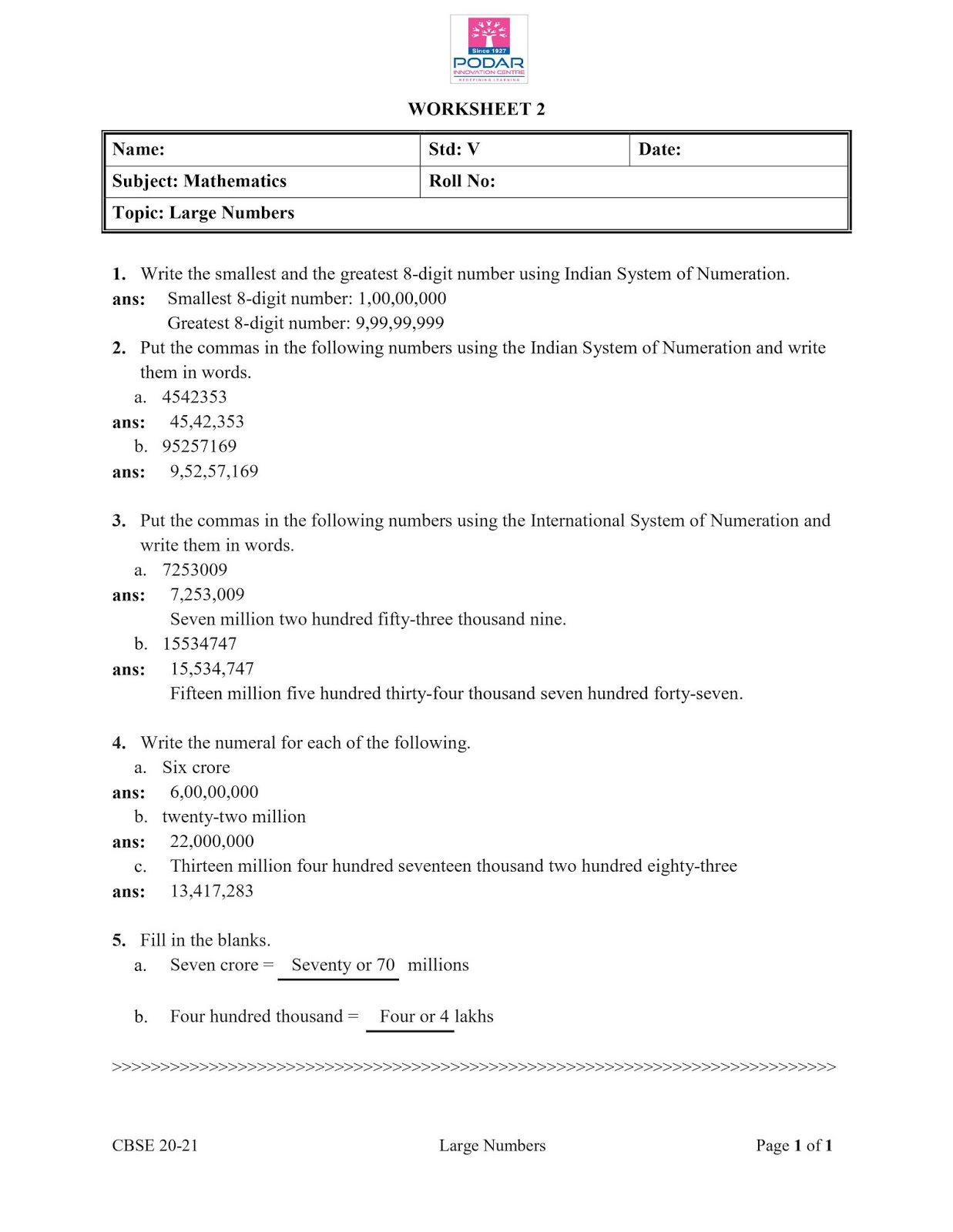 Math Ch-1 Large Numbers(workbook exercise and worksheets)