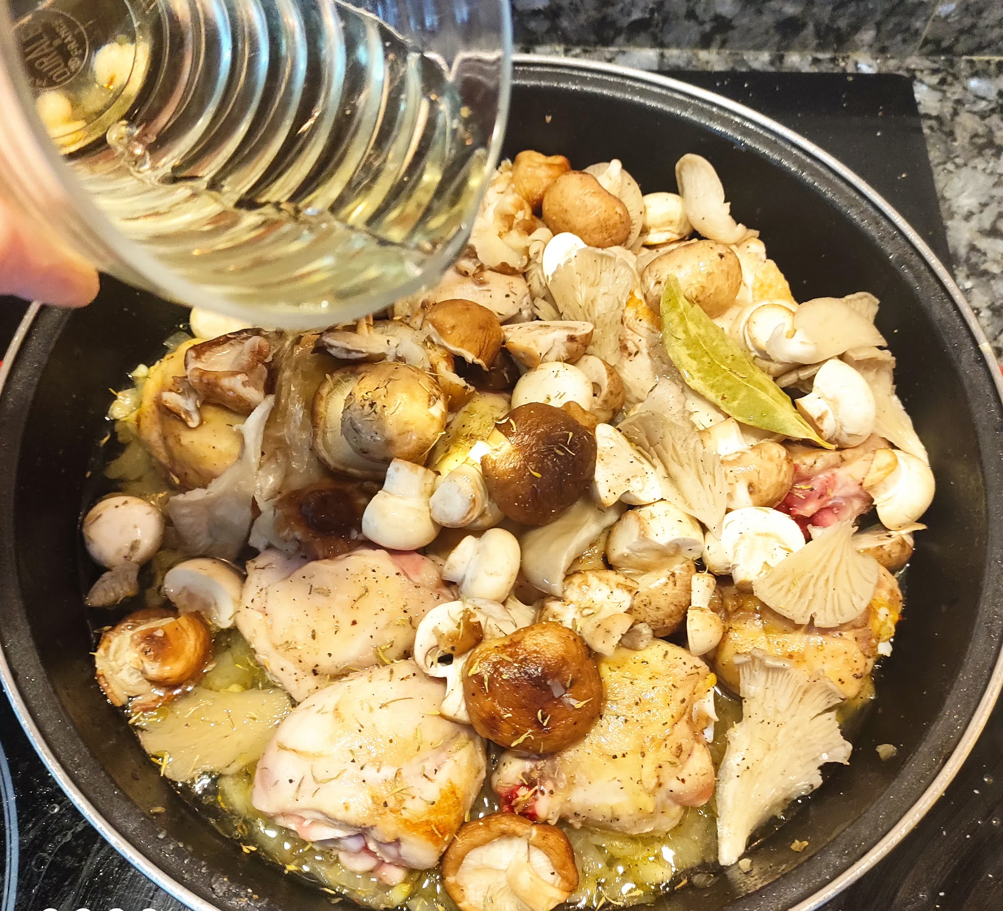 Pollo guisado con setas variadas