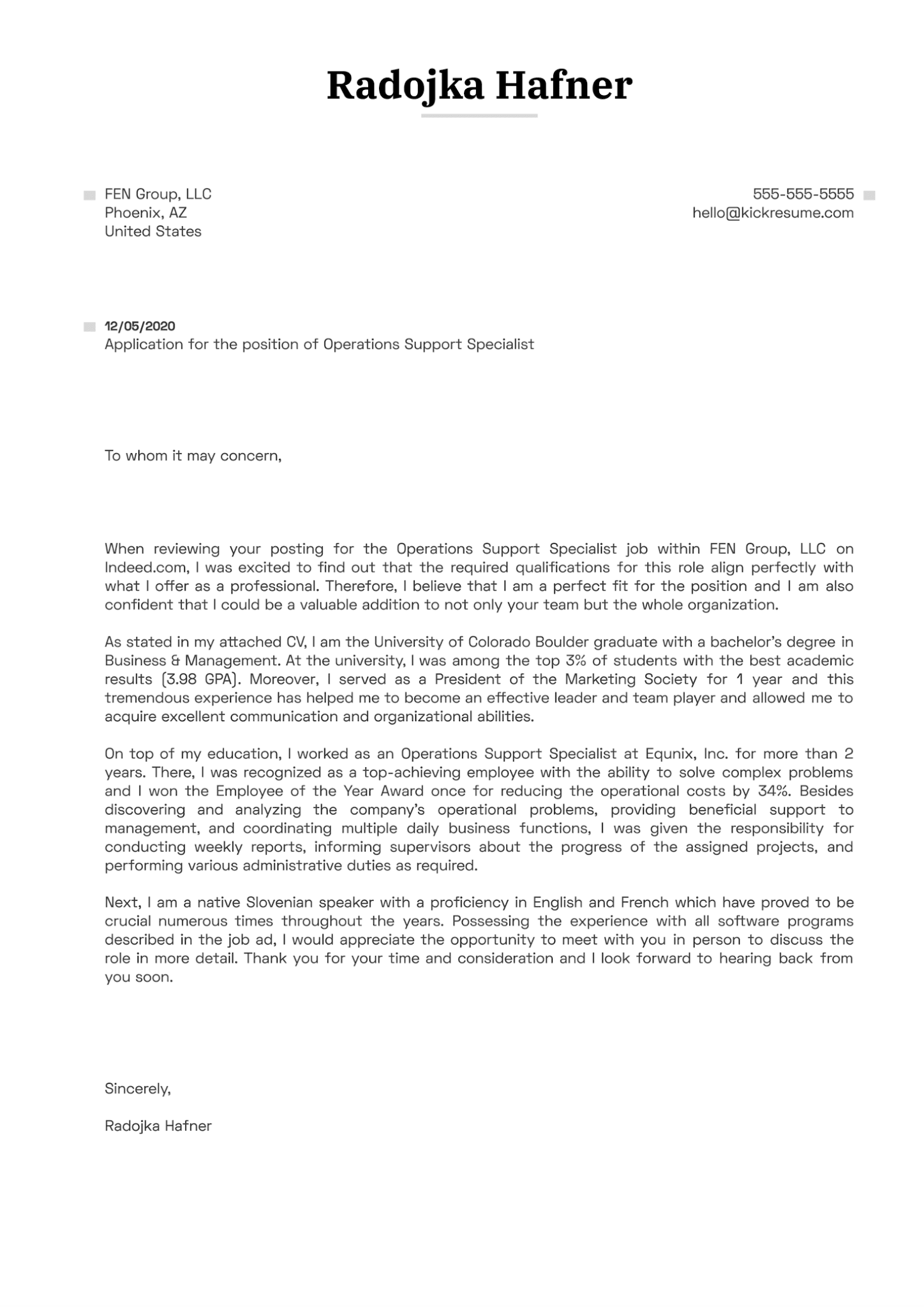 Operations Support Cover Letter ~ Resume Letter