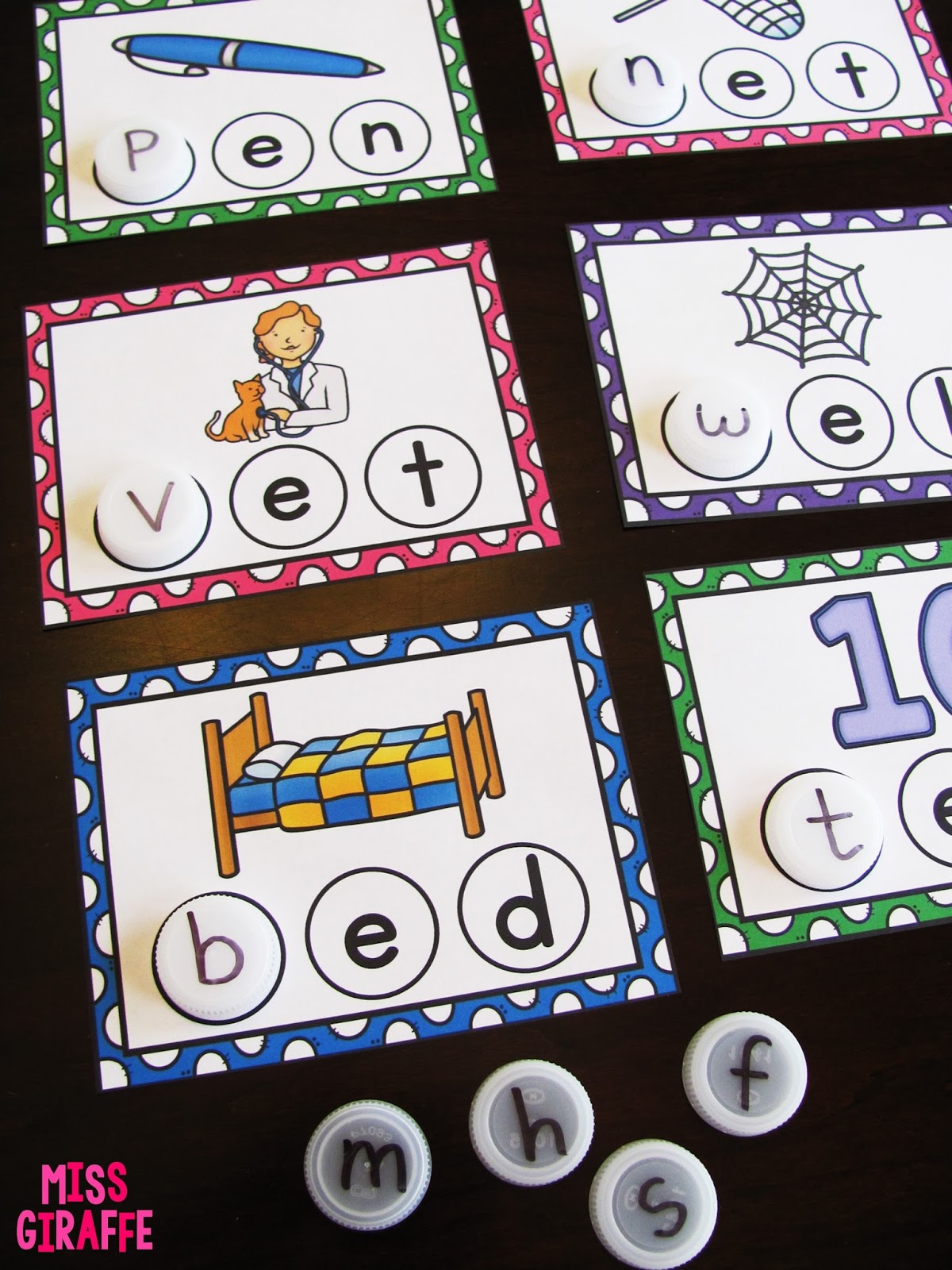 Miss Giraffe's Class: Bottle Cap CVC Word Building Centers