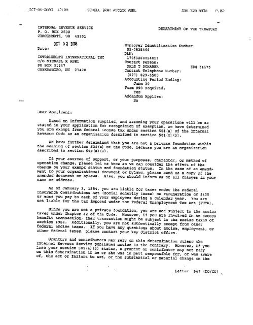 Irs 501C3 Determination Letter ~ Thankyou Letter