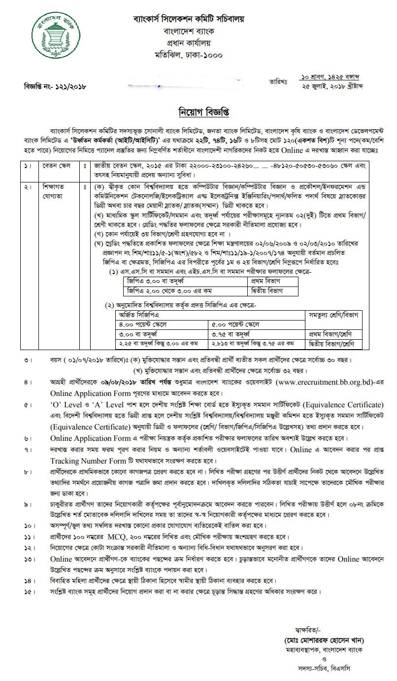 BANGLADESH BANK JOB CIRCULAR (2018)