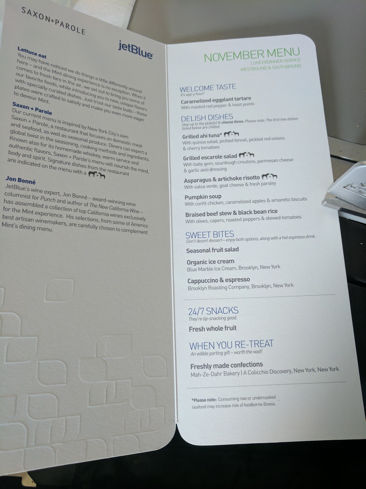 JetBlue Flight 615, JFK-SFO, Mint | Julie's Dining Club