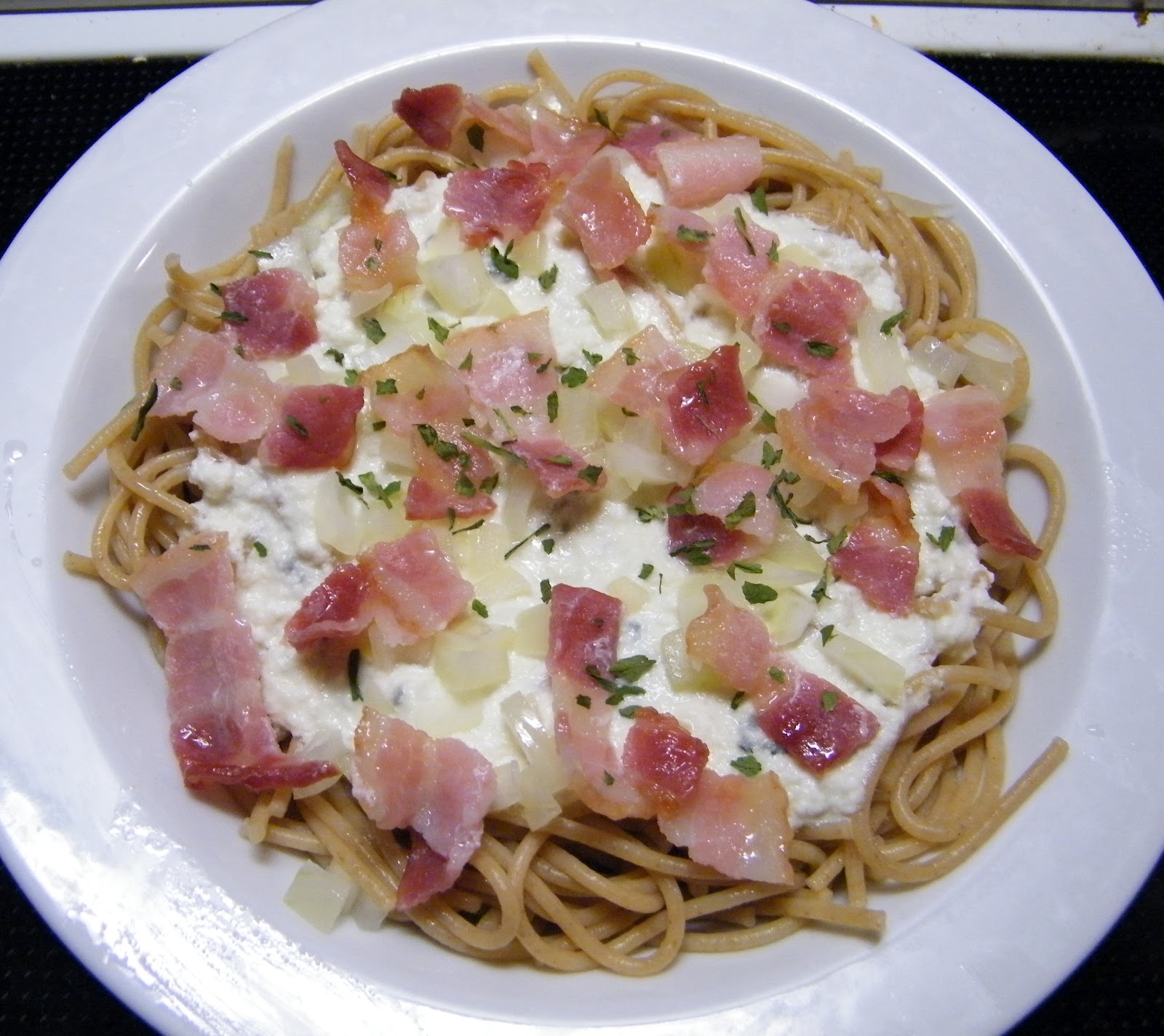 Bergua Rico y sano: Pasta al queso azul con bacon