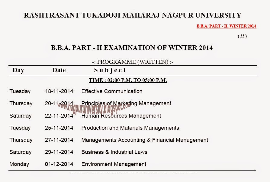 RTMNU BBA 2ND YEAR EXAM TIME TABLE WINTER 2014 NAGPUR UNIVERSITY
