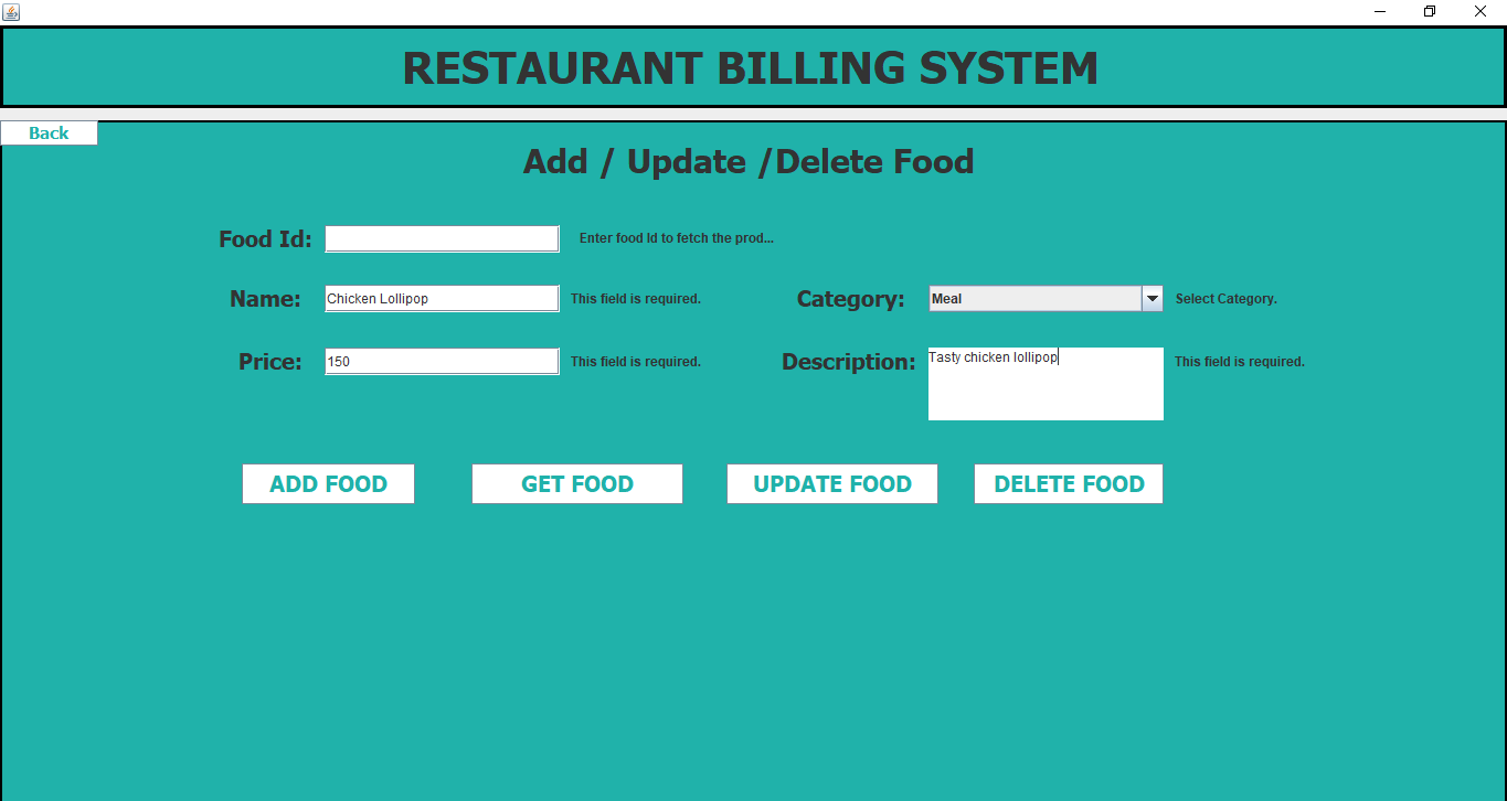 Restaurant Billing System Project using Java & MySQL
