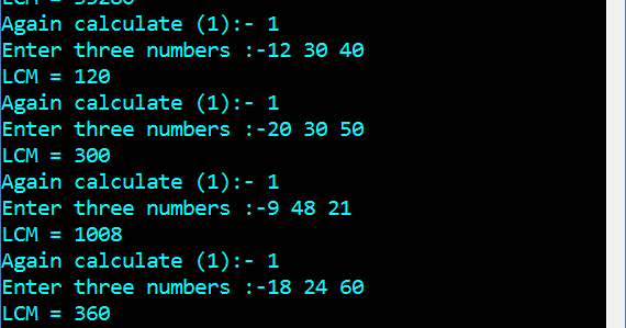 Program in C and C++ to find LCM of three numbers using Division method